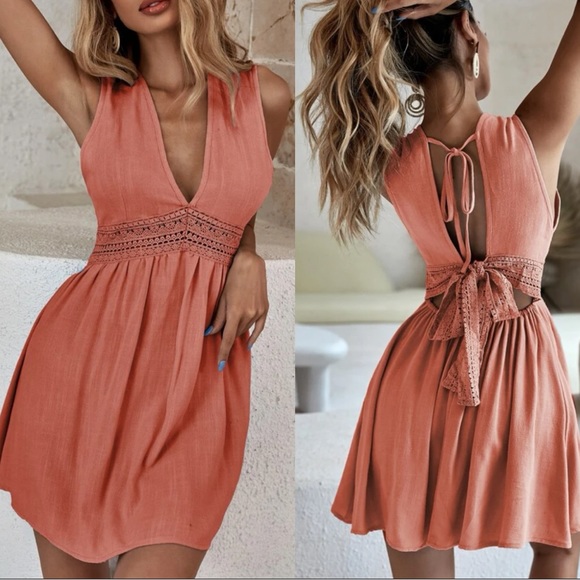 Dresses | Boho Plunging V Neck Lace Insert Tie Back Party Dress | Poshmark
